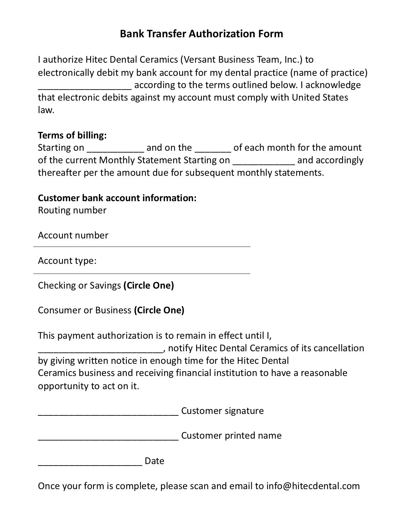 Bank Transfer Authorization Form - HiTec Dental Ceramics